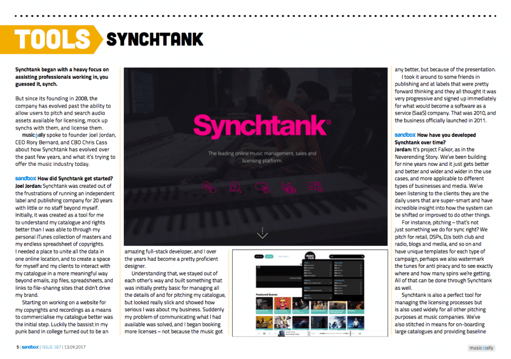 Synchtank in Music Ally's Sandbox Magazine - 13/09/17 - Synchblog